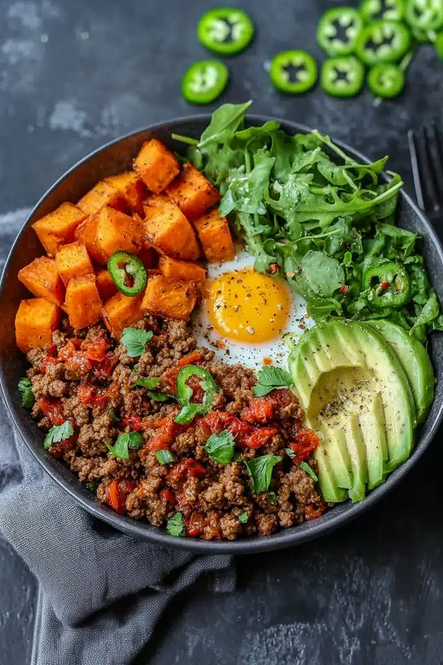 Spicy Ground Beef & Sweet Potato Protein Bowl